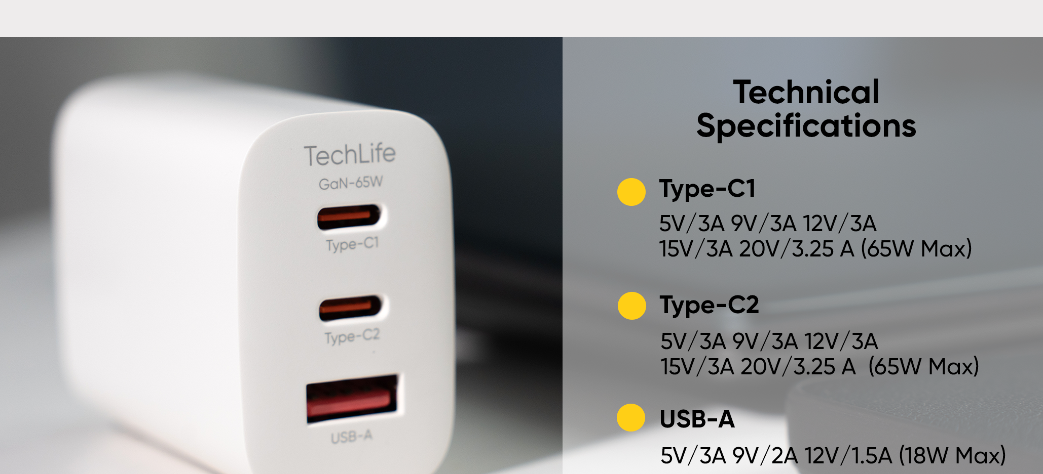 TechLife 65W 3-Port Charger | Fast Charging | Triple Ports Output ...