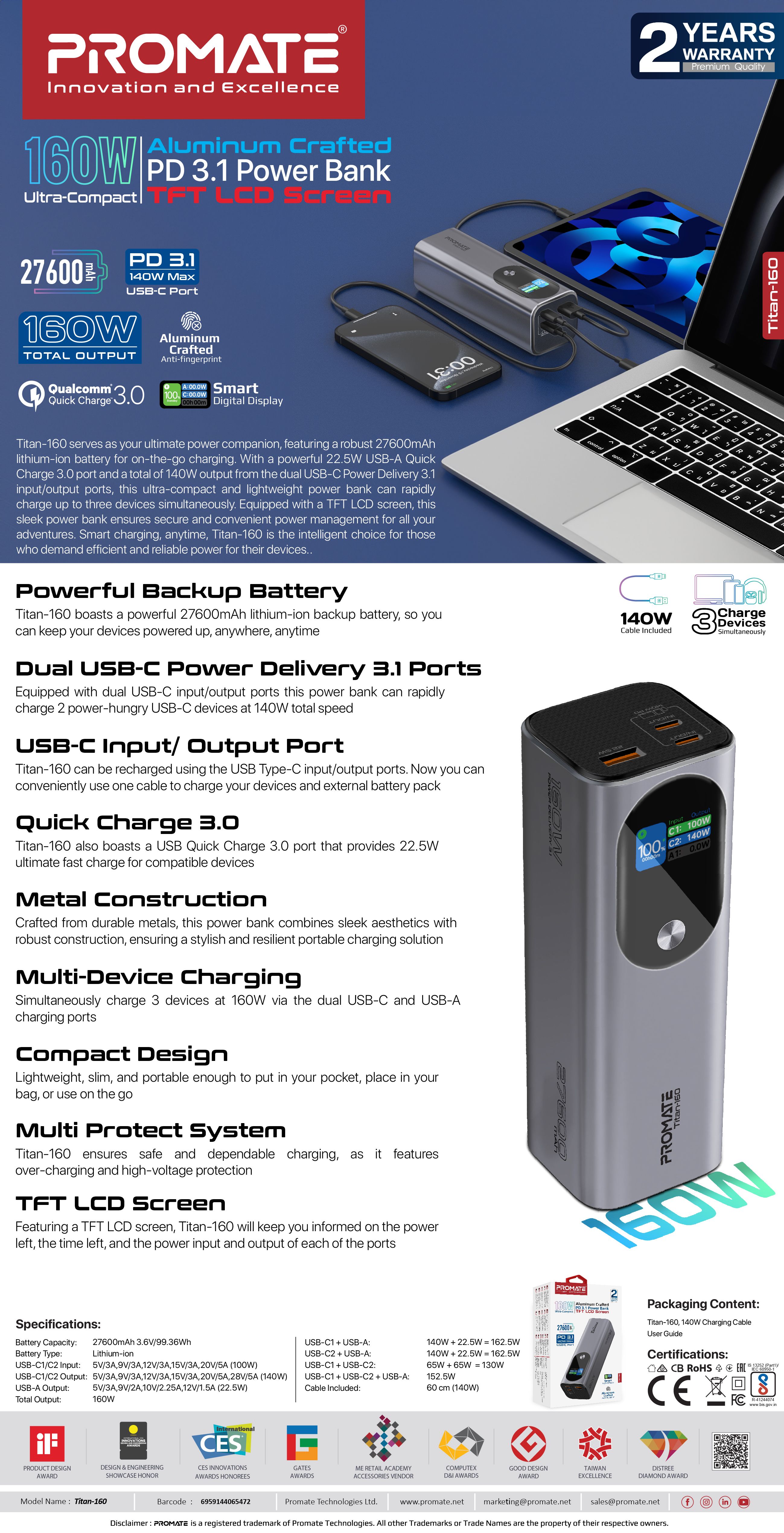 Promate Titan-160 Ultra-Compact 160W Multi-Port PD 3.1 Power Bank with ...