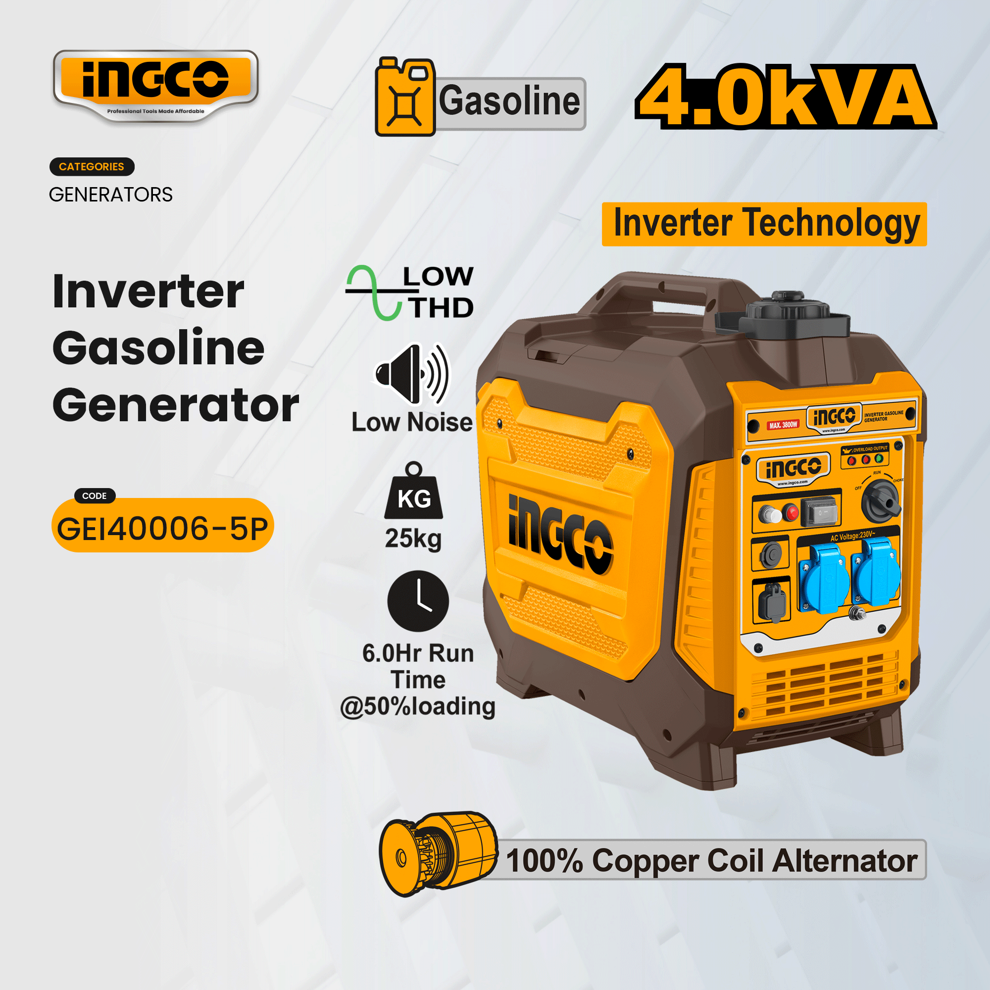 Ingco 4.0KVA | 2.5KVA | 5.0KVA Inverter Gasoline Generator Copper Coil ...