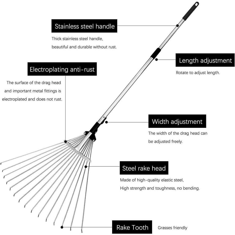 Grass Rake Adjustable Telescopic Metal Garden Leaf Leaves Rake for Lawn ...