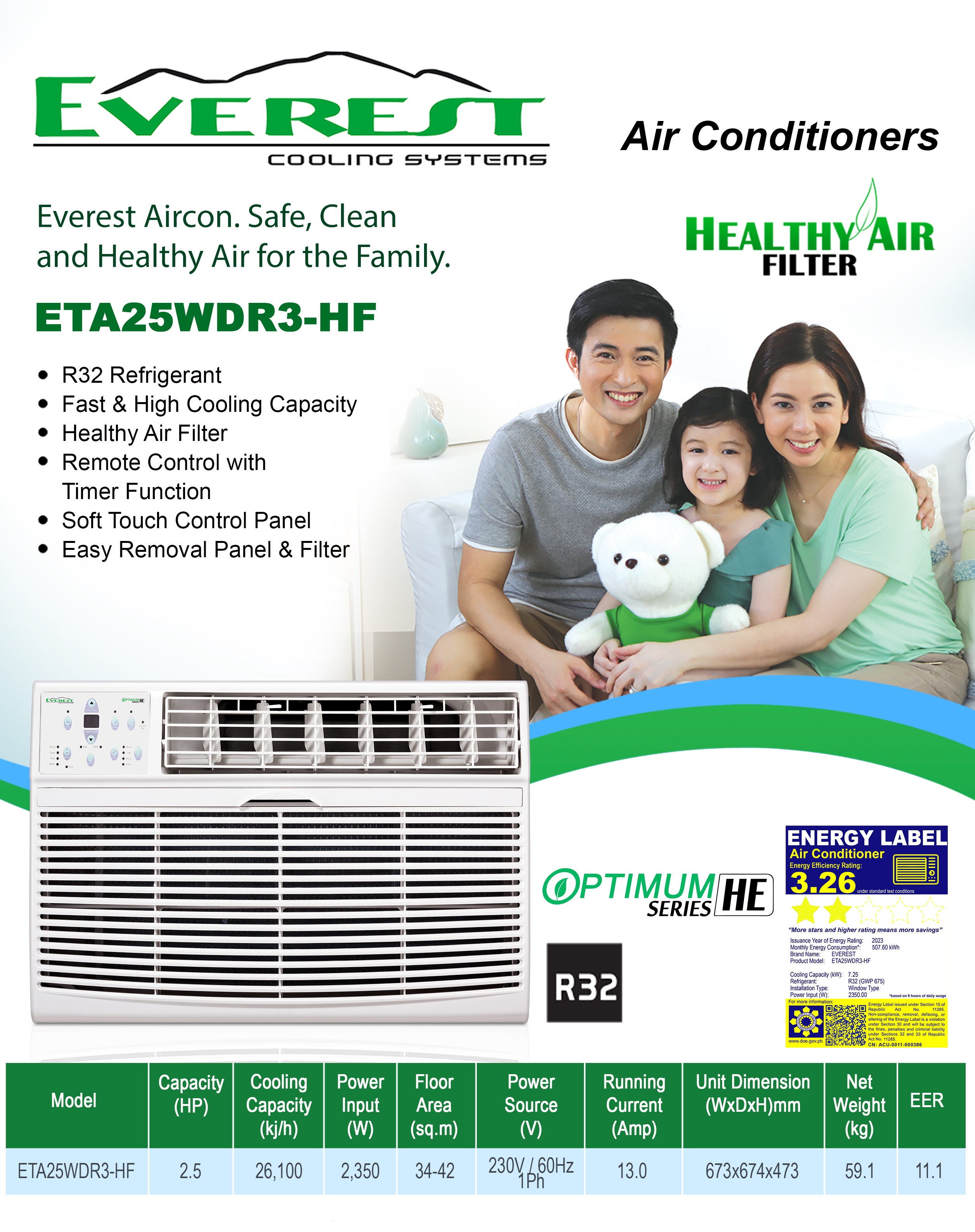 EVEREST 2.5HP Non Inverter Window Type Aircon/ Fast Cooling/ Healthy ...