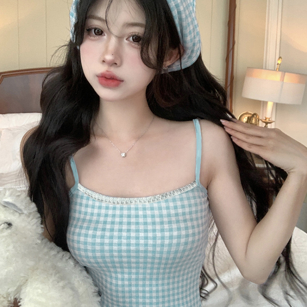 Korean Style Checkered Cotton Lace Sling Back With Padded Sando Bra ...