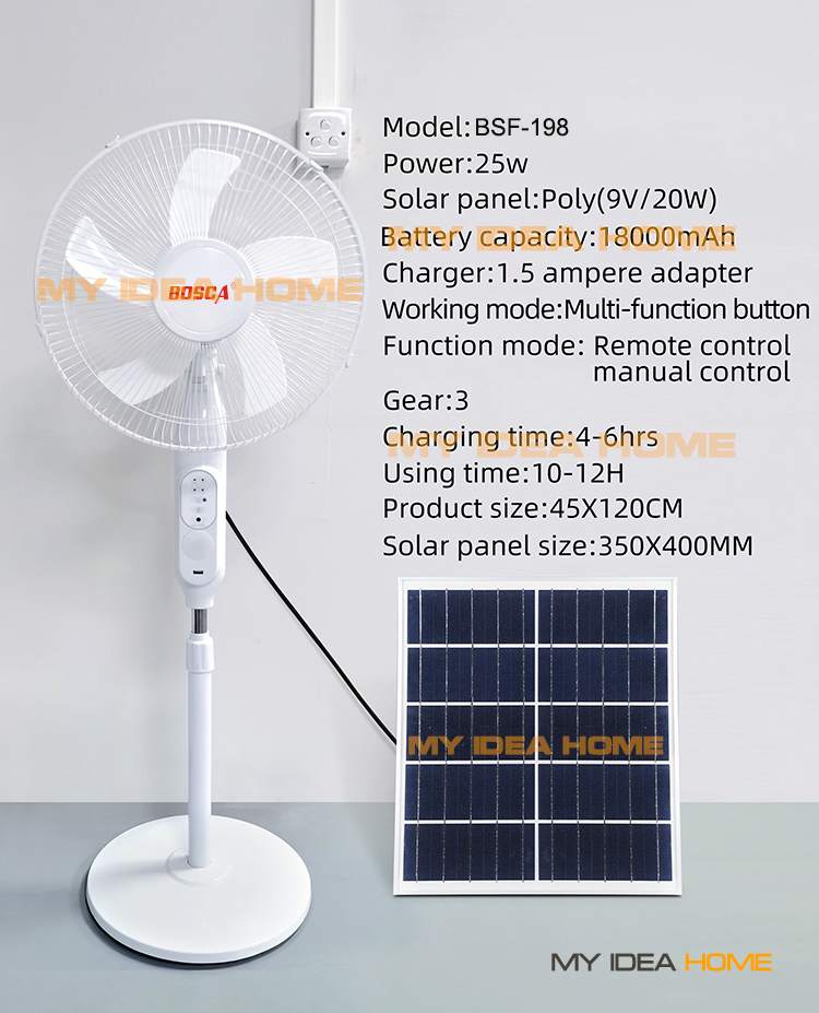 BOSCA Solar Stand Fan 16 inches AC/DC Dual Power Rechargeable Solar ...