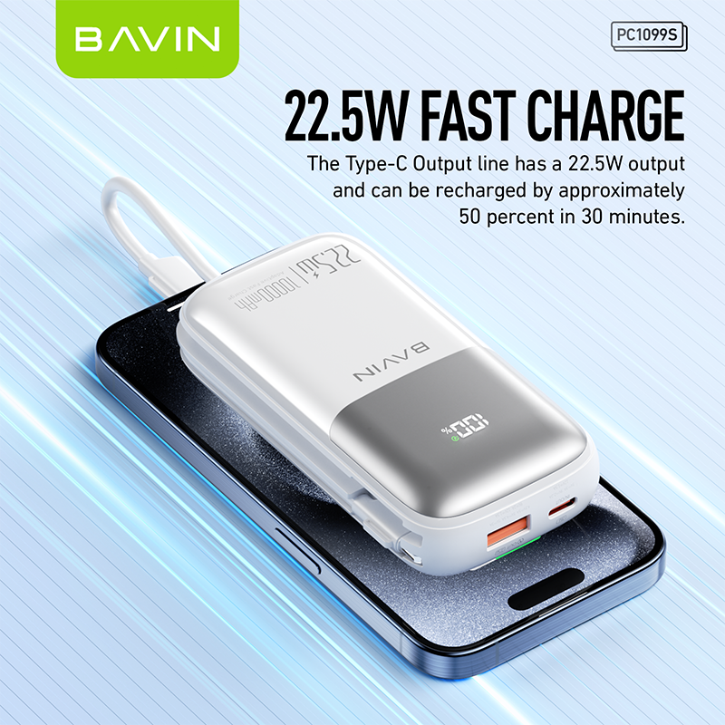 BAVIN PC1099 10000mAh 22.5W USB Fast Charging Mini Portable Powerbank w/ Built-In Cable/LED ...