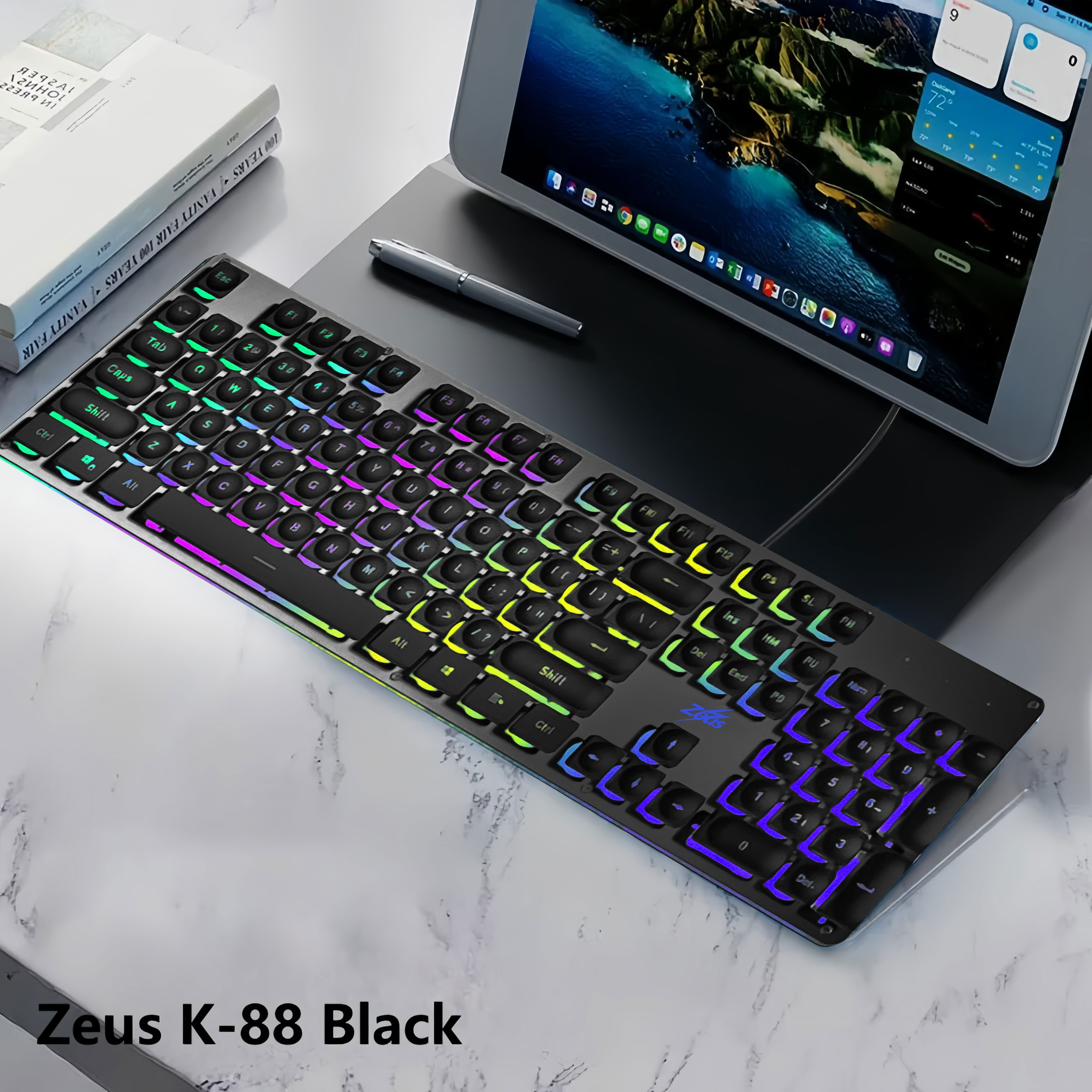 Zeus K-88 Icy Blue Back Light Wired Gaming Keyboard 104 Keys Silent ...