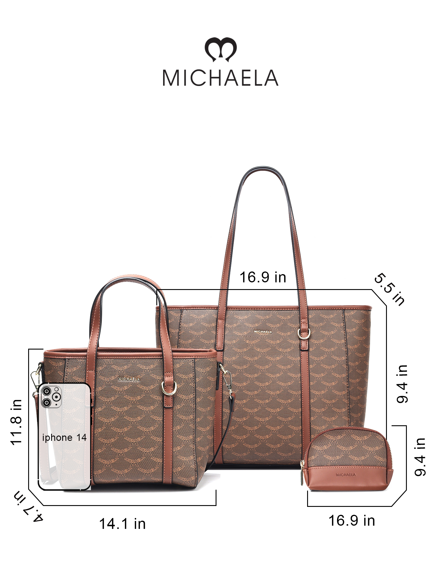 MICHAELA Lettering Tote Bag Set 3 PCS Fashion Fan-Shape Print for ...