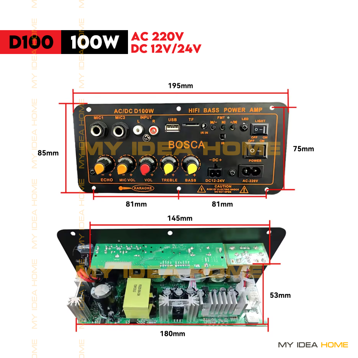 Bosca 100W HIFI Bass Power Amplifier Board AC220V DC12V/24V Dual Mic ...