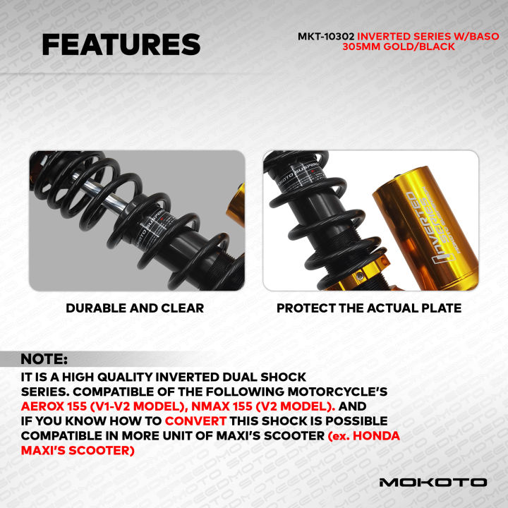 MOKOTO DUAL SHOCK INVERTED SERIES 305MM WITH BASO FOR YAMAHA NMAX 155 V2/ AEROX 155 V1 V2 ...