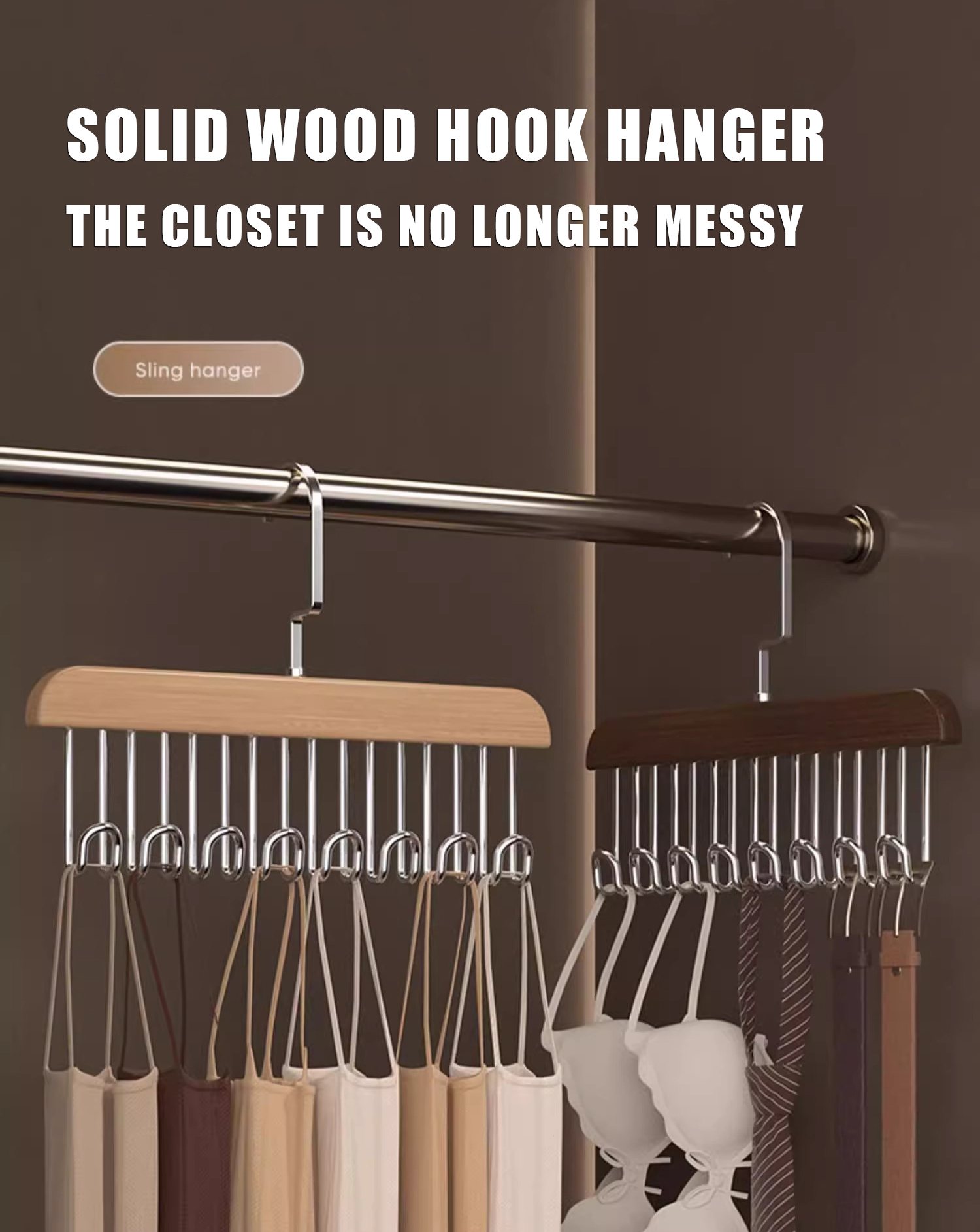 8 Hooks Non-Slip Solid Wood Hanger Space Saving Woman Bra Hanger Man ...