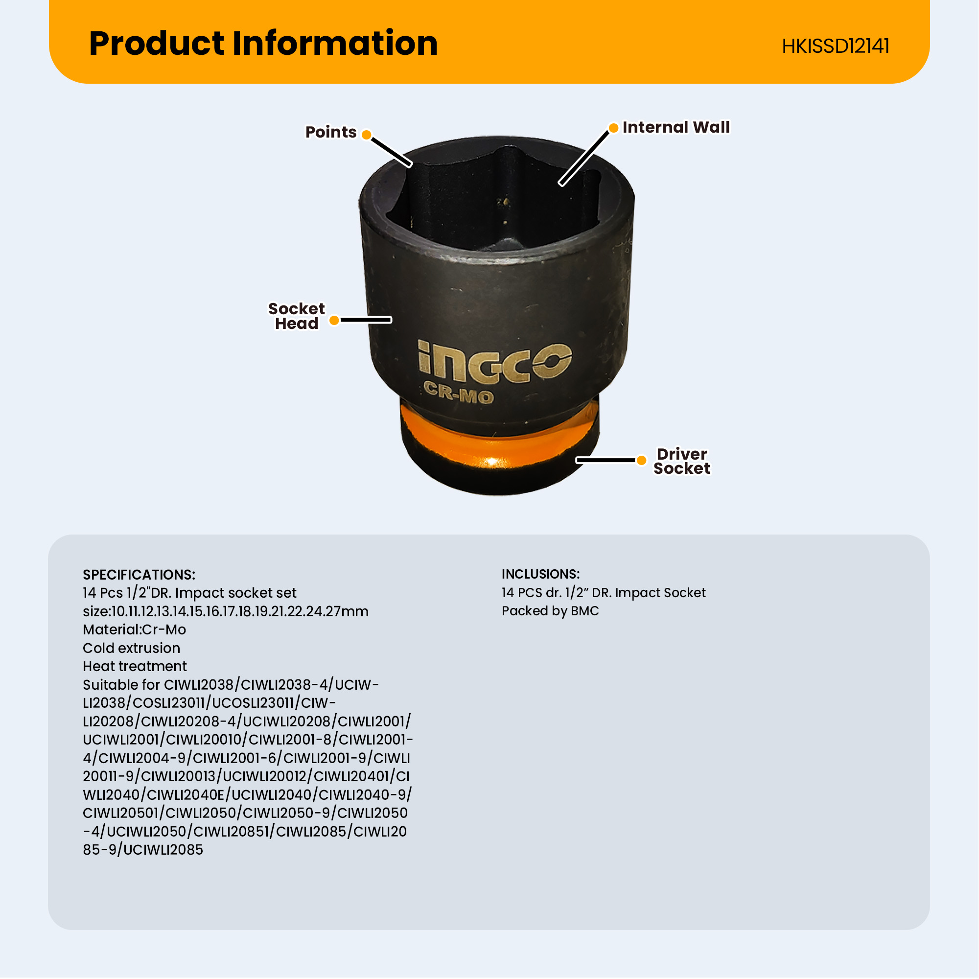 Ingco 14pcs 1/2" DR.Impact Socket Set 10mm-27mm for Impact Wrench ...