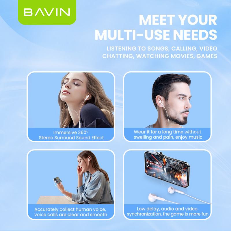 LMJ BAVIN Type-C Wired Earphone Stereo Audio Sound W/ Built in Microphone & Volume Controller ...