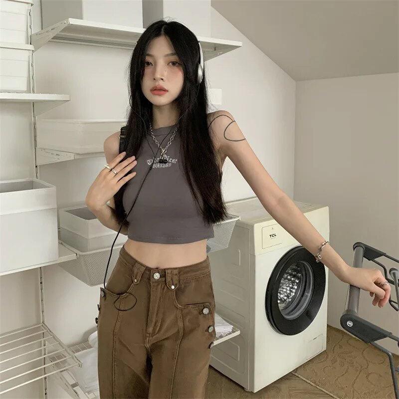 Korean Racer Back Crop Top for Women embroidered Knitted Korean Trendy ...