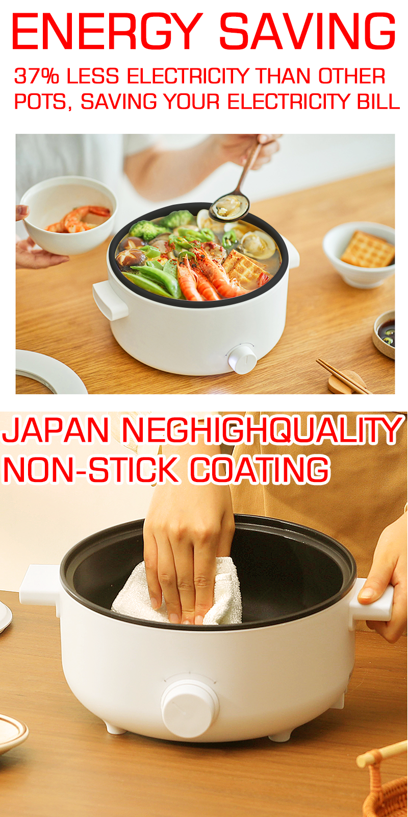 Electric Multi Cooker Pot Non-Stick Round Skillet Home 3L Fast Heating ...