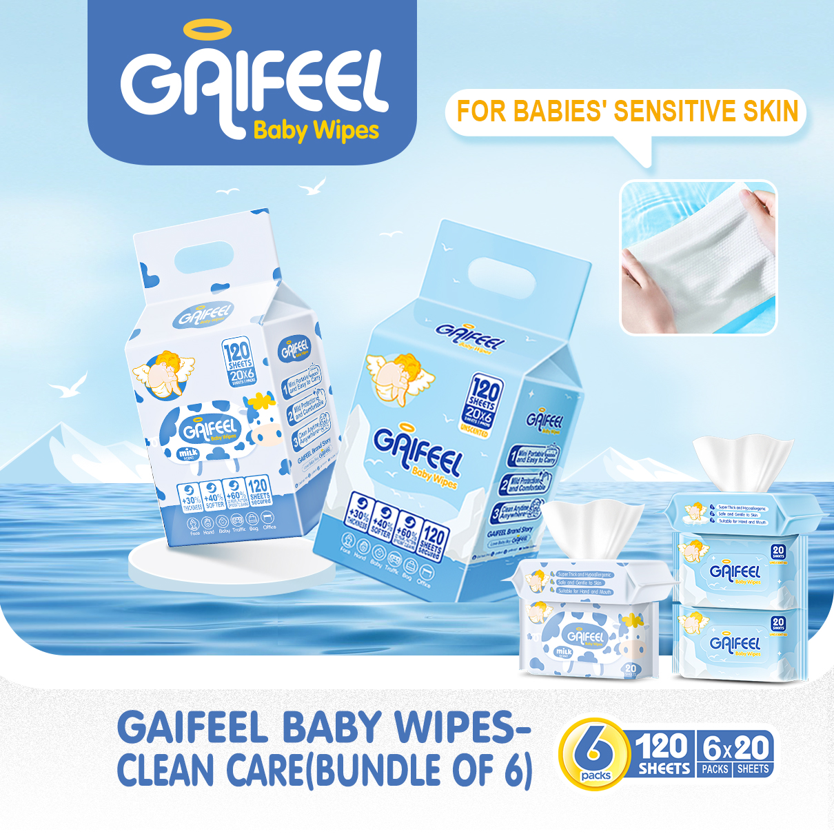GAIFEEL MINI Baby Wipes 120 Sheets 1 Pack(6 small packs) Unscented Milk ...