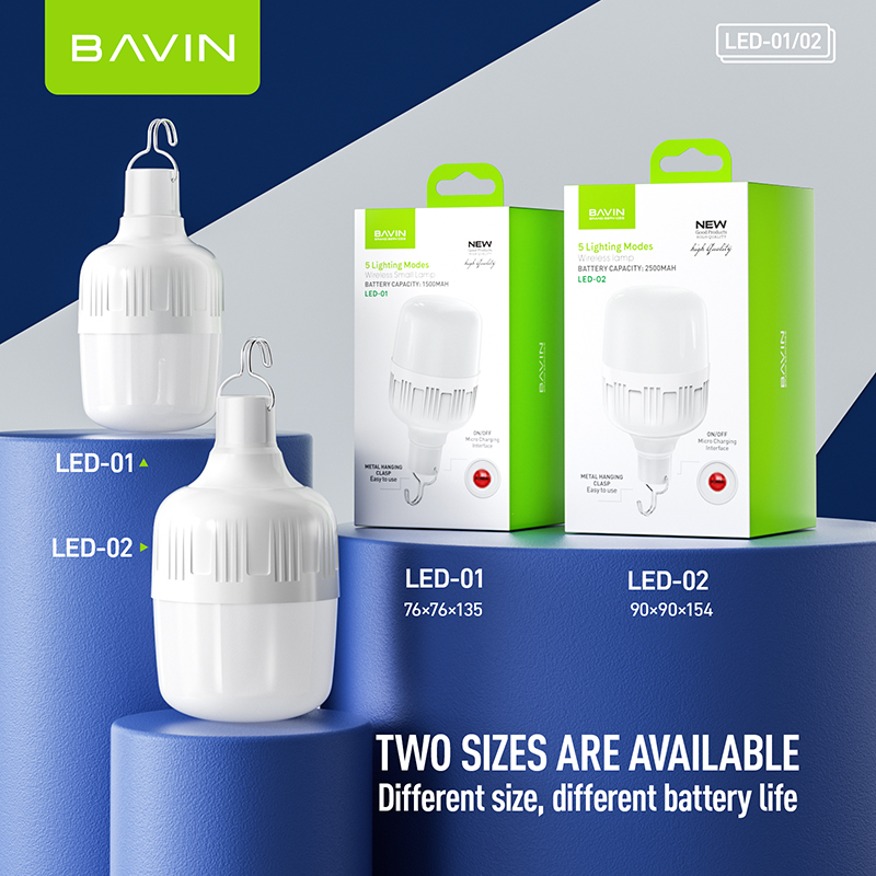 BAVIN L1 & L2 Portable USB LED Light Rechargeable 5Watts w/ Hook & 3 ...