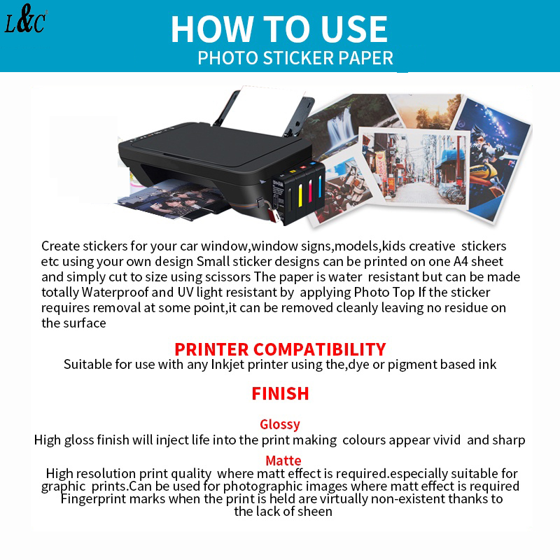 L&C Photo Sticker Paper 135gsm Glossy A4 Size 20/50Sheets Waterproof ...