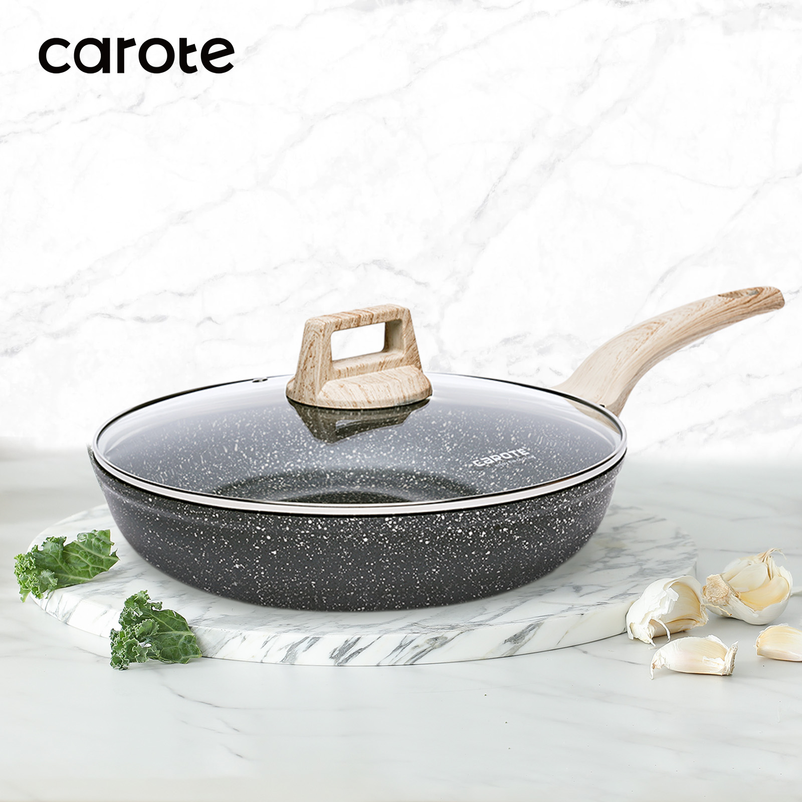CAROTE 10-Inch Nonstick Frying Pan Skillet With Glass Lid, Stone ...