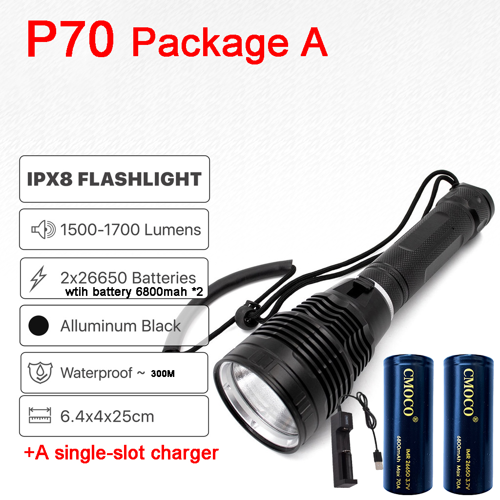 P70 / P90 Diving Flashlight 3500LM With Battery Waterproof Professional ...