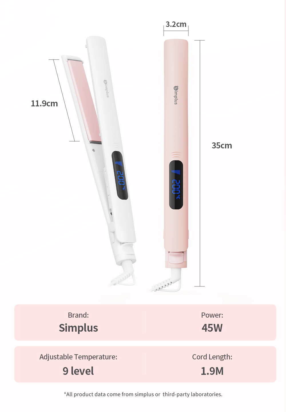 SimplusPink Hair Straightener and Curler LCD Smart Screen 9 Adjustable Temperature ZFBA003 ...