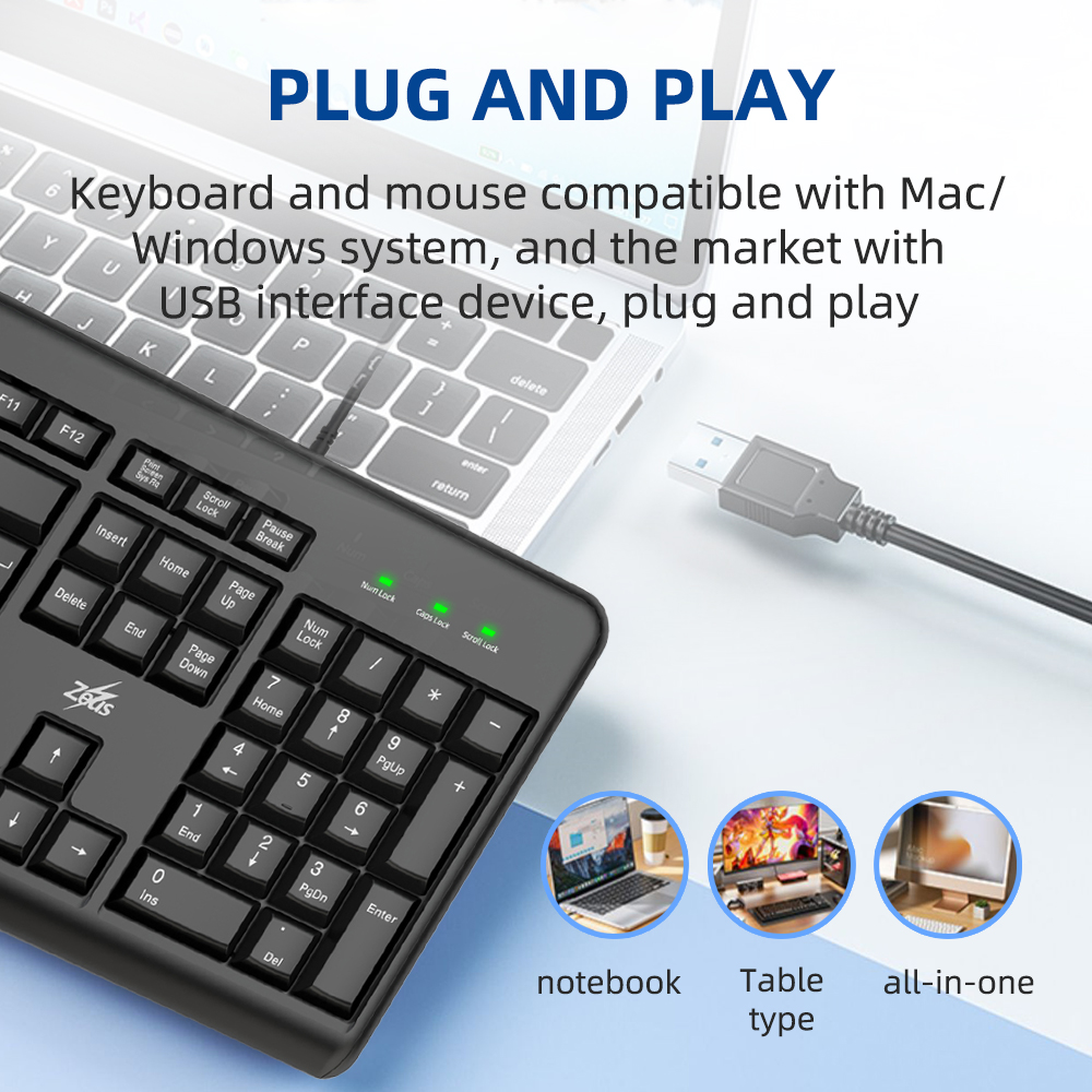 Zeus GK-718 Slimline Wired Keyboard and Mouse Combo Set USB Plug-and ...