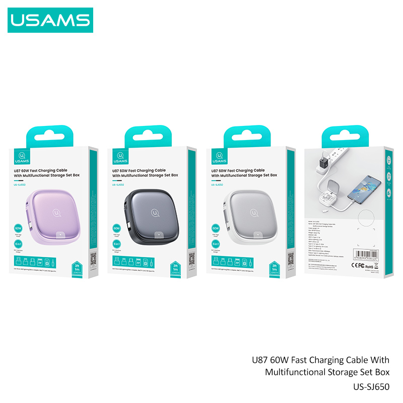 Usams SJ650 6-in-1 60W Fast Charging Multi-Functional Cable Box Retractable Charging Cable Type ...