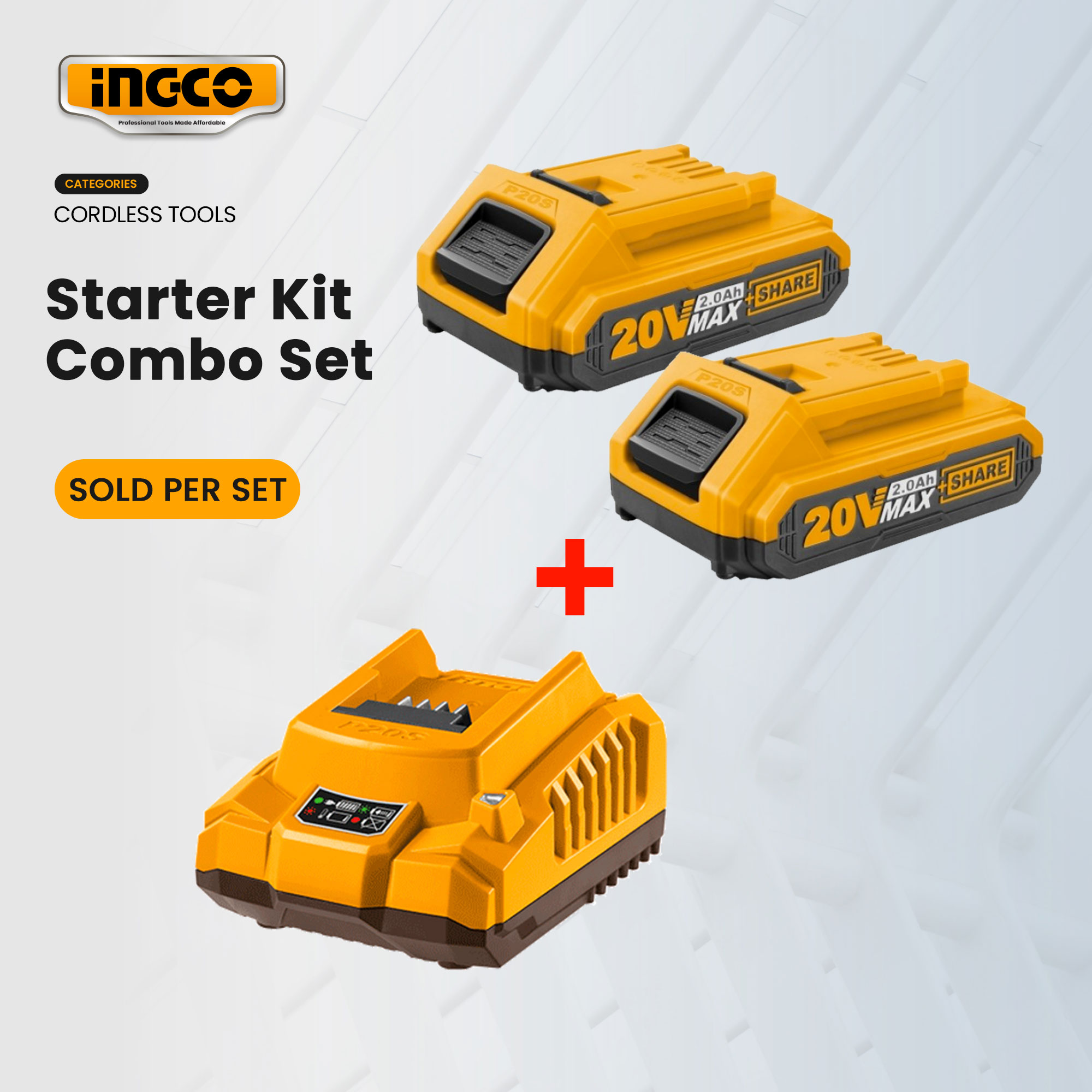 INGCO 2pcs Starter Kit Combo Set 20V 2.0Ah Battery FBLI20011 with 1pc ...