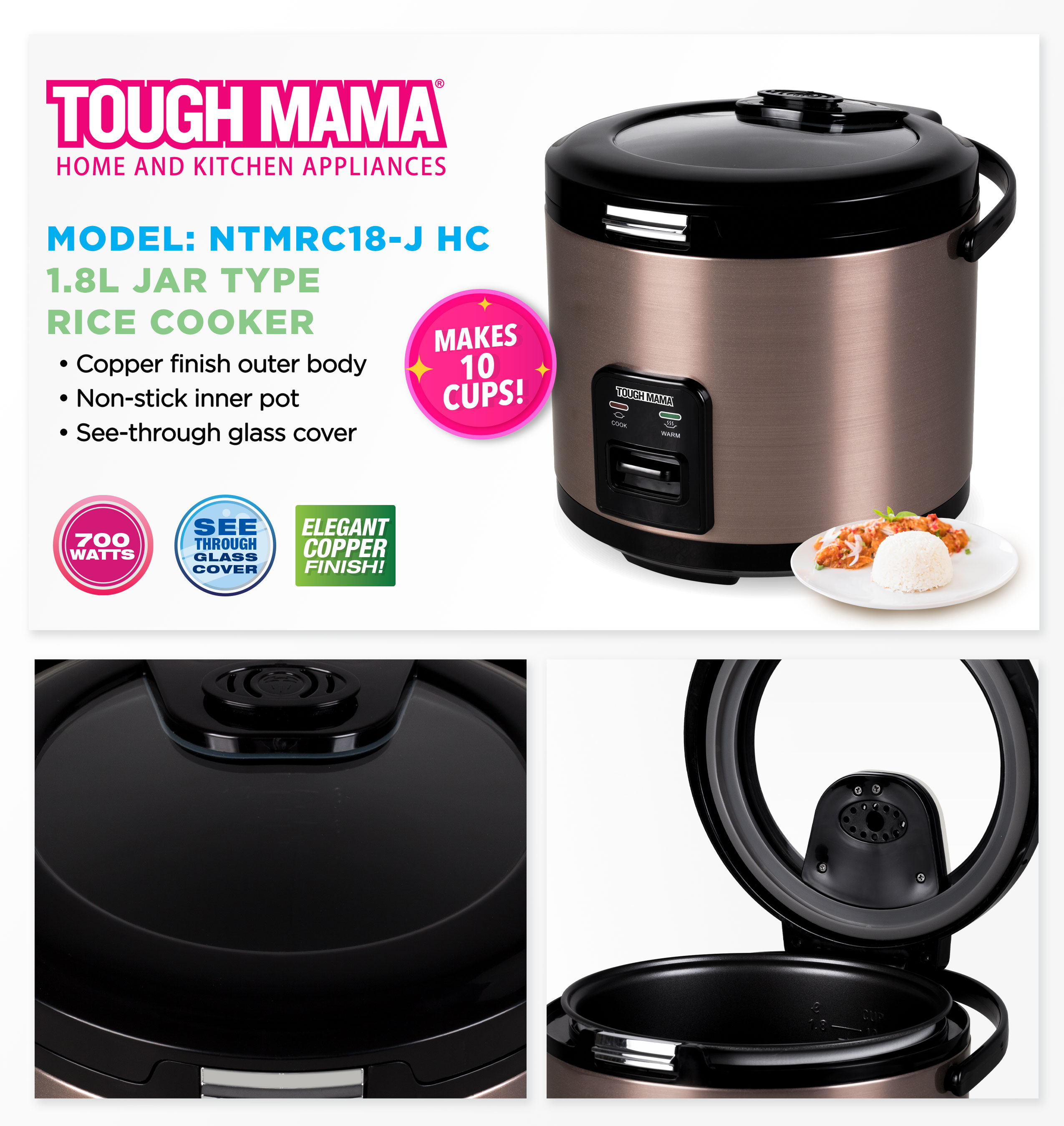 Tough Mama NTMRC-JHC Copper Stainless Steel 1.5L/1.8L Jar RiceCooker ...