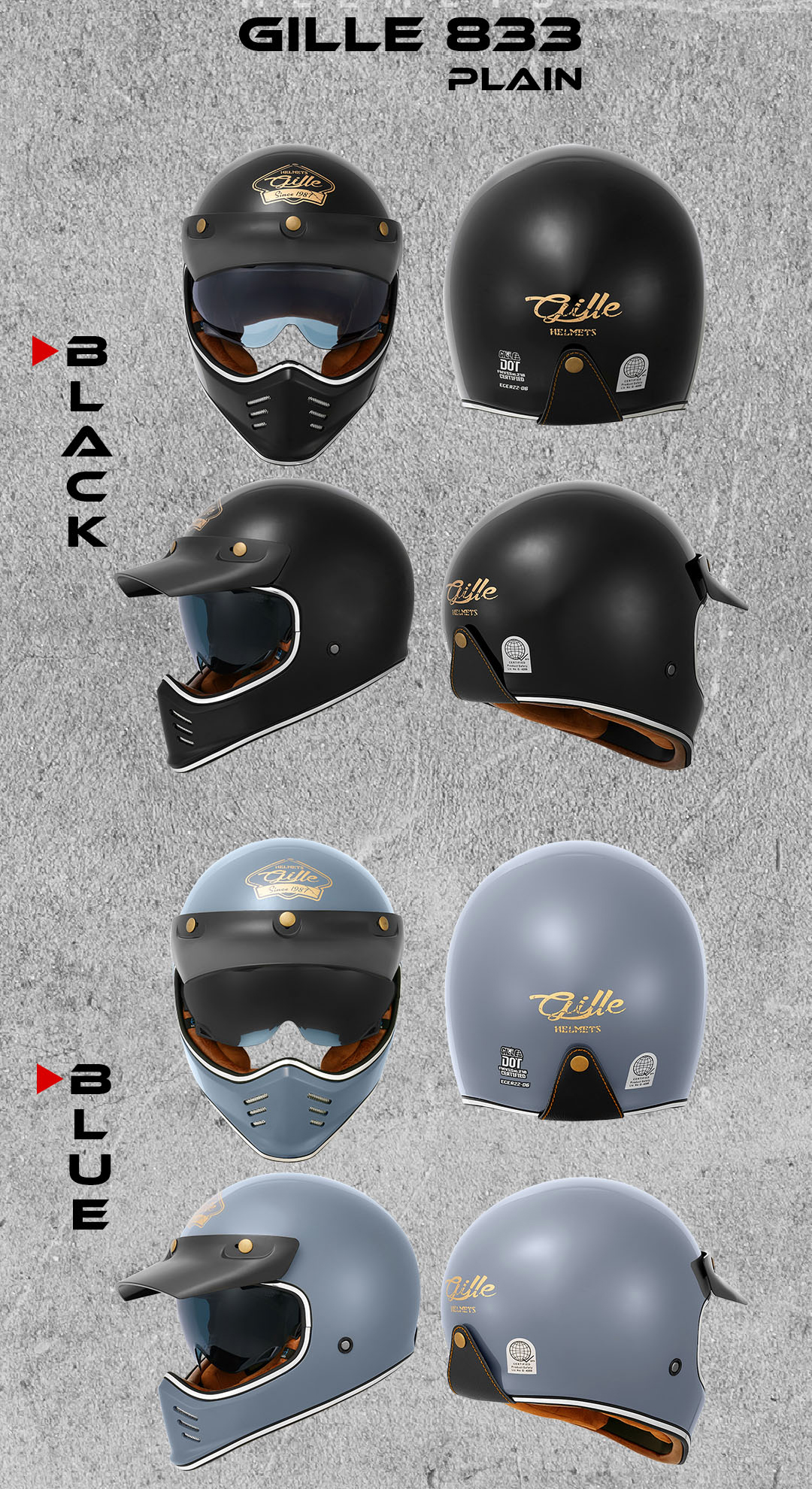 Gille Helmet 833 CLASSIC Plain Retro Motorcycle Helmet Full Face Dual ...