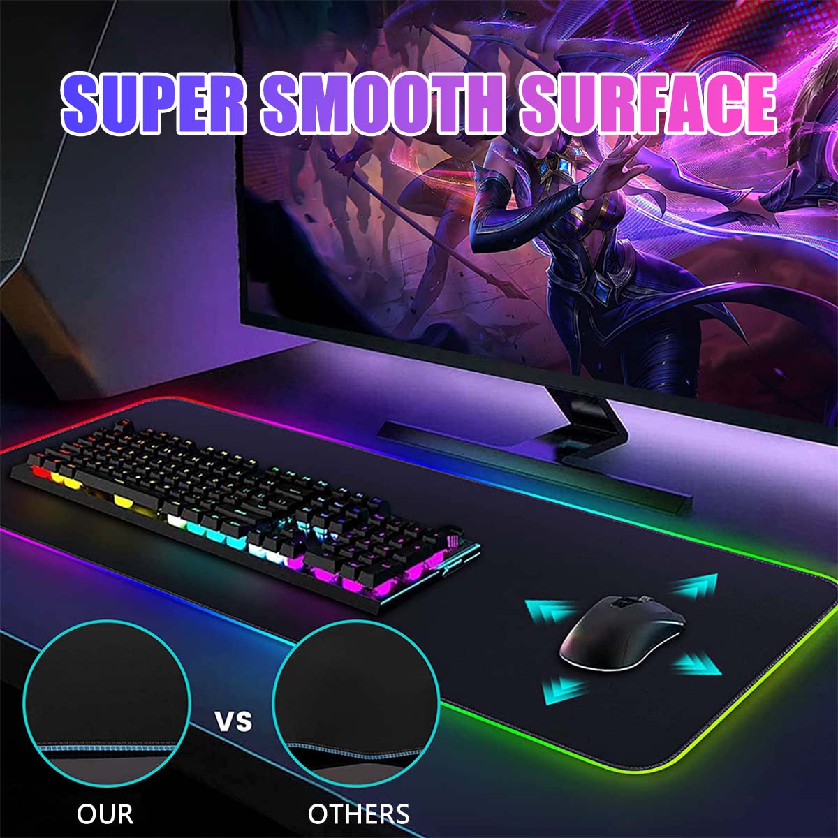 MKEPS RGB Gaming Mouse Pad LED Large Mouse Pad Anti-Slip Rubber Base ...