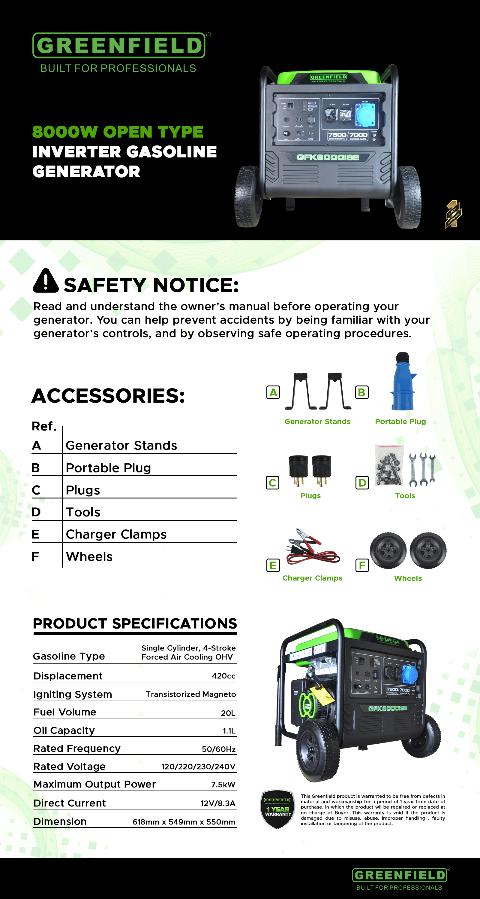 Greenfield Inverter Generator Gasoline Electric Start 8000W 60Hz Smart ...