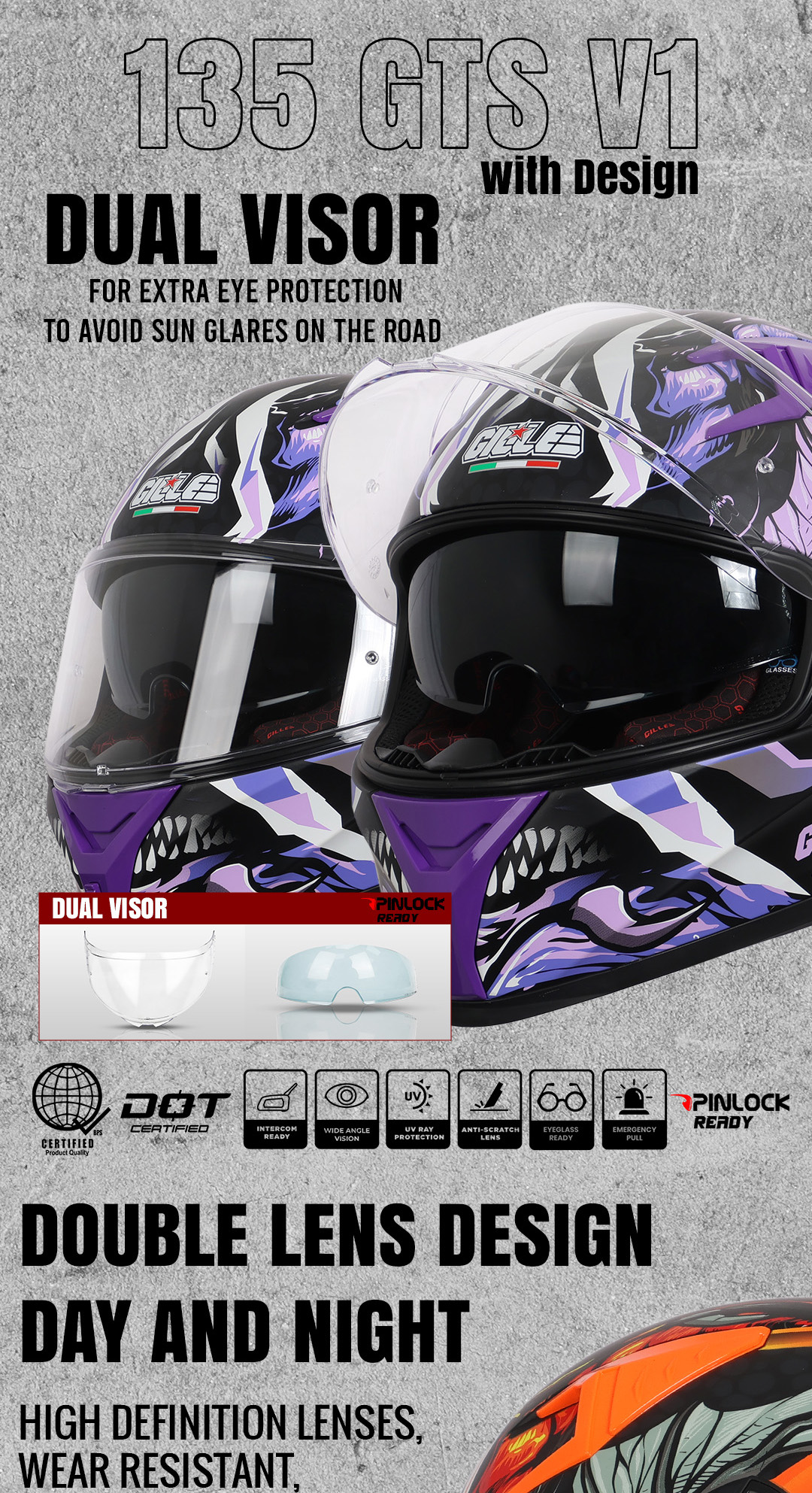 Gille Helmet 135 GTS V1 MUFFLER Motorcycle Helmet Full Face Dual Visor ...