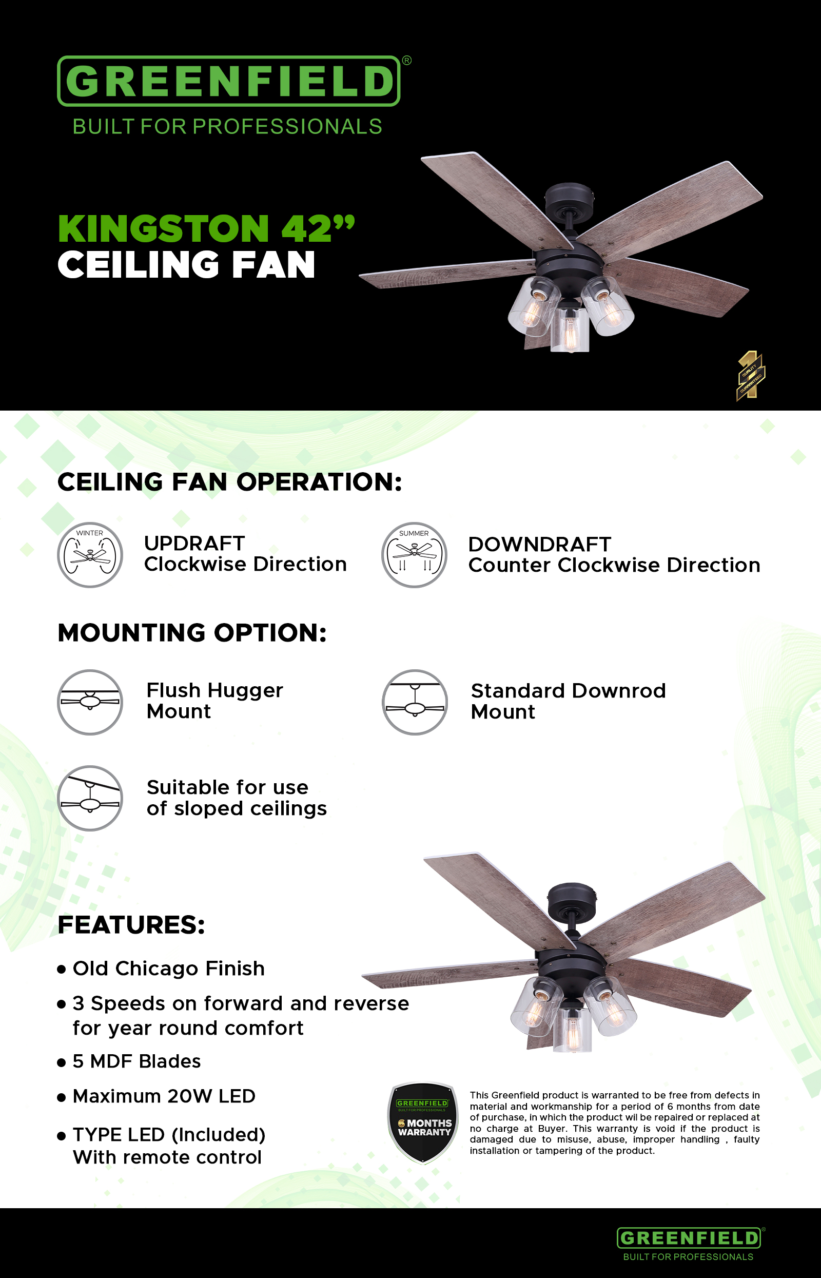 Greenfield Kingston 42" Ceiling fan with 5 Blades/Light | Shopee ...