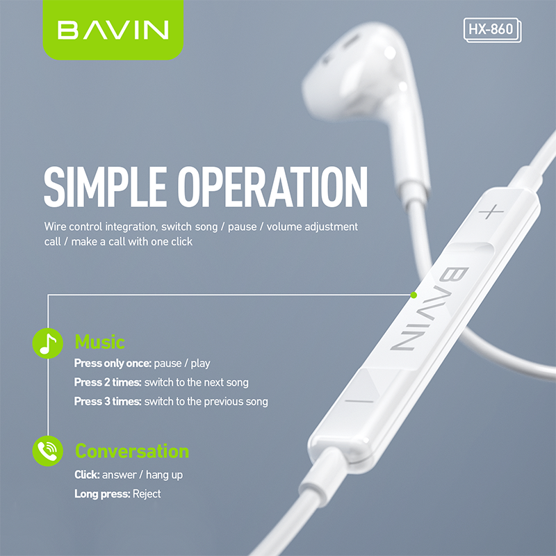 BAVIN HX860 HiFi Wired Earphone Plug & Play Stereo Audio No Bluetooth ...
