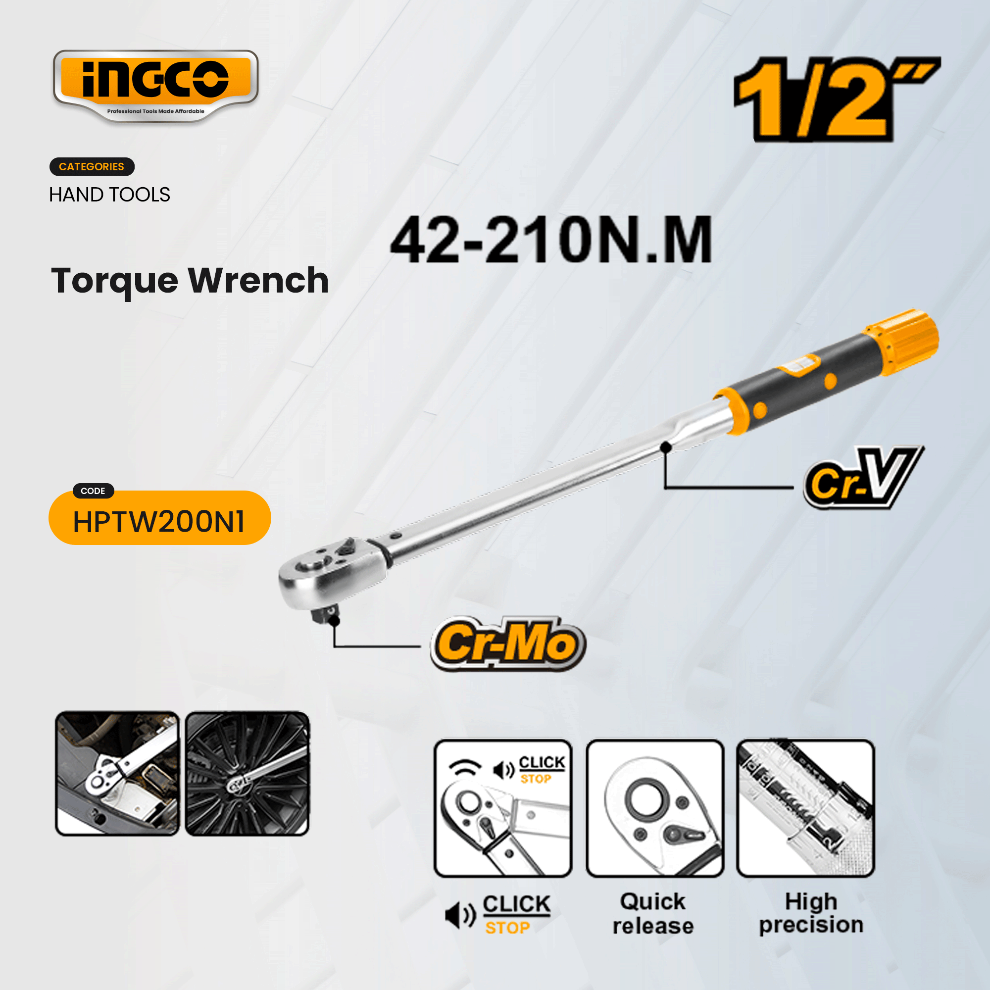 Ingco 1/2" Easy Adjustable Torque Wrench For Automotive Maintenance and ...