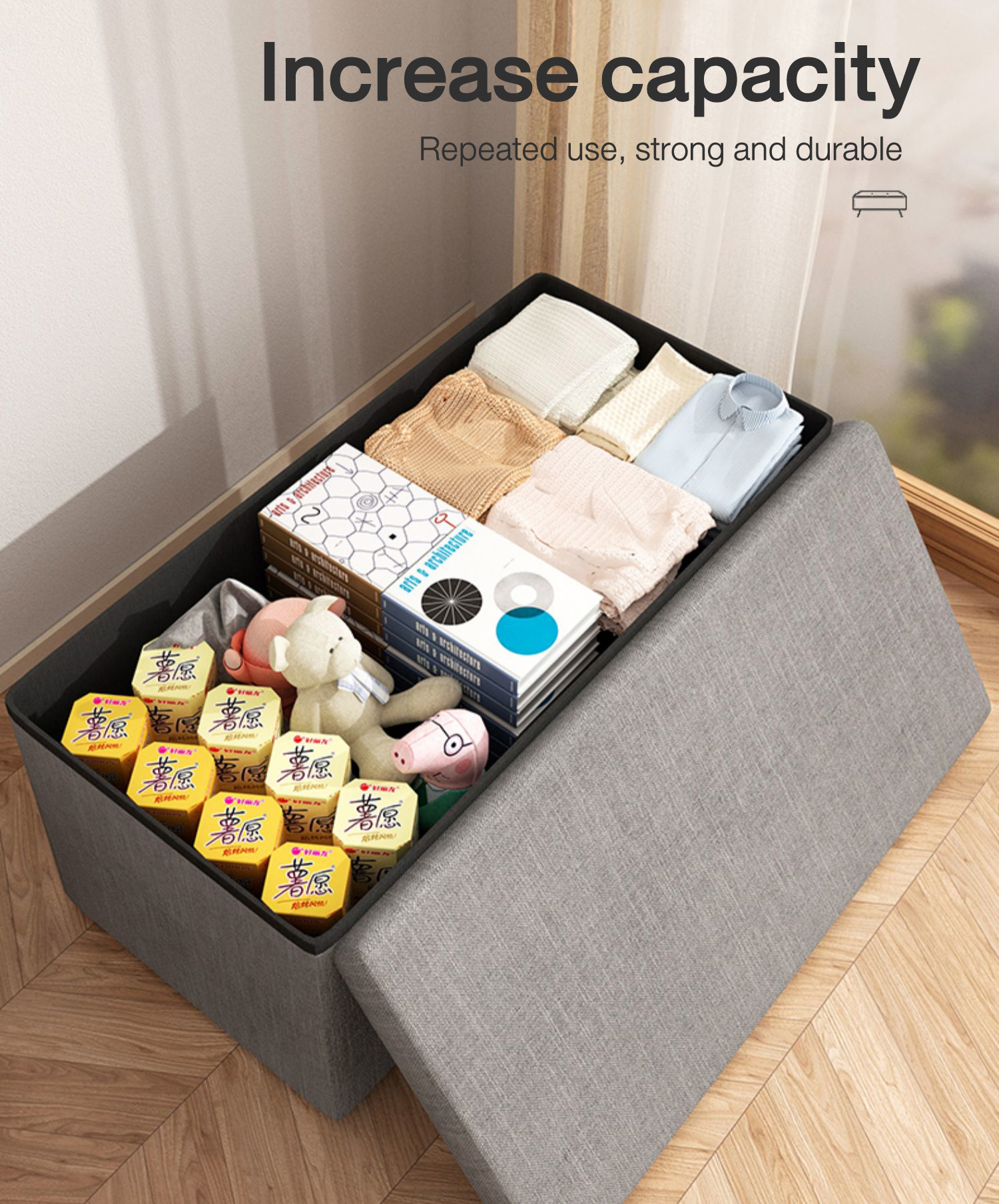 Cotton and Linen Storage Stool Sofa Storage Box Ottoman Chair Organizer ...
