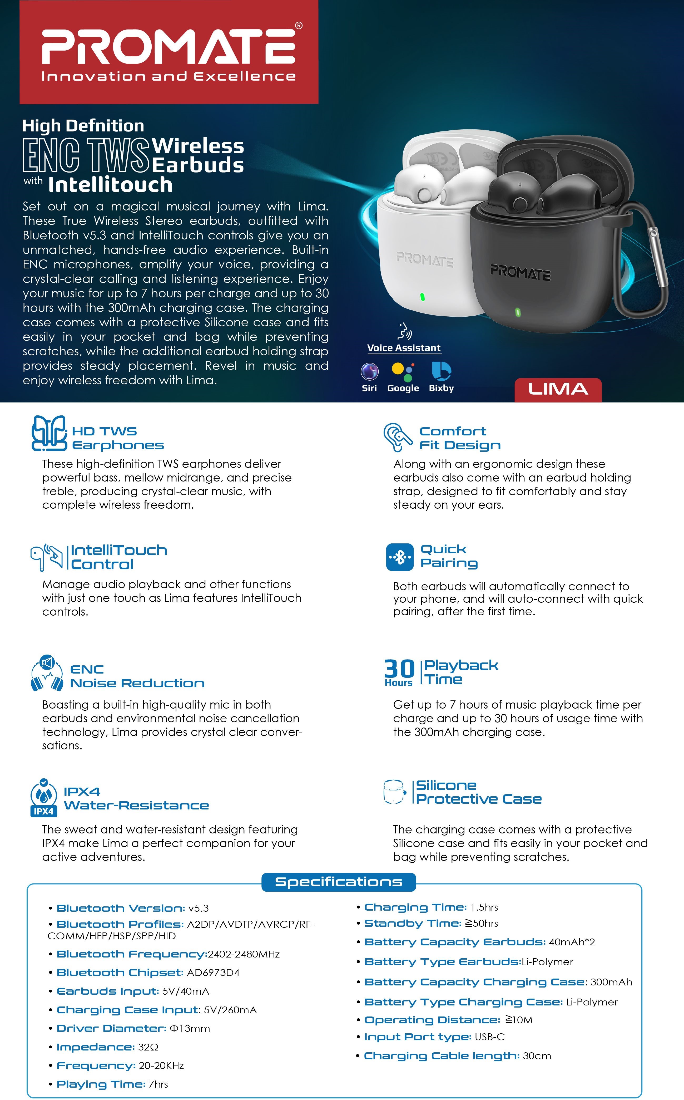 Promate Lima High Definition ENC TWS Wireless Earbuds with Intellitouch ...