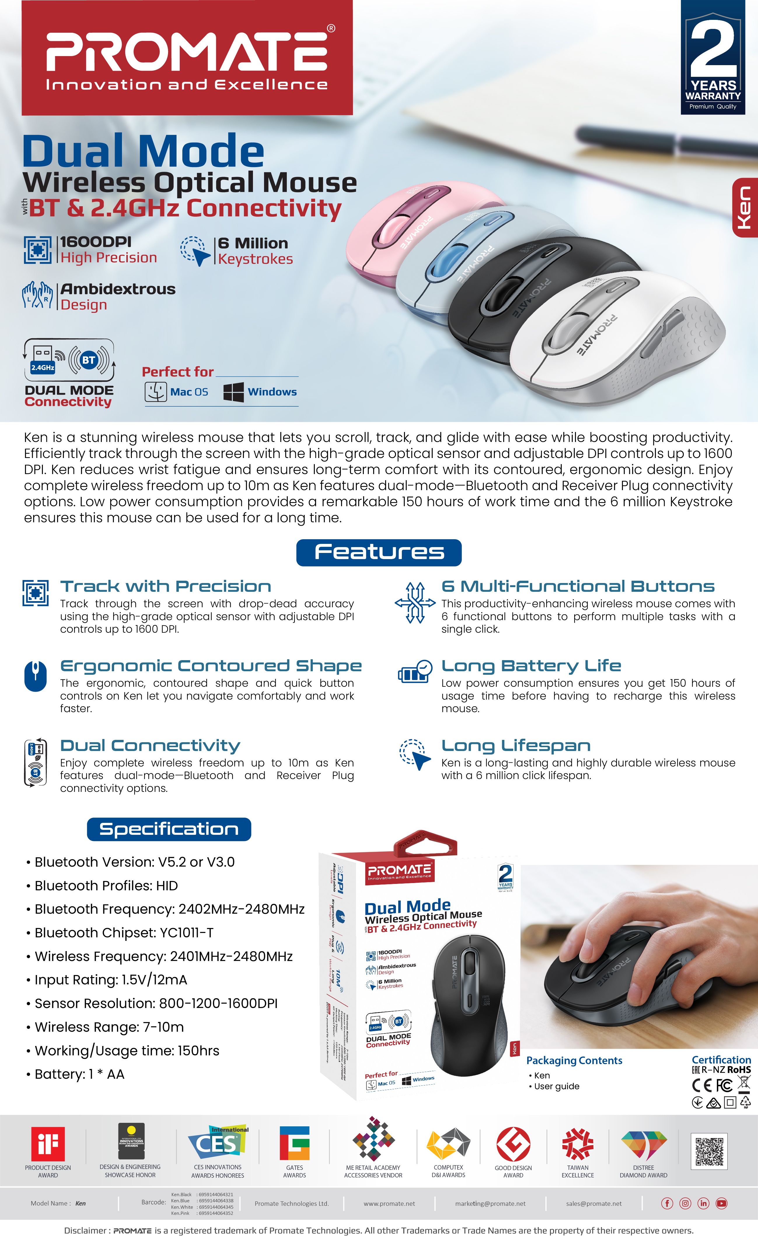 Promate Ken Dual Mode Wireless Optical Mouse Bluetooth & 2.4GHz ...