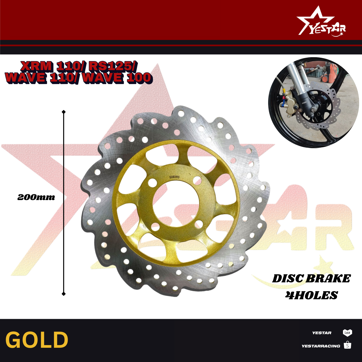 YeStar 1pcs Front Disc Brake 220mm 4 Holes for XRM 110 RS 125 Wave 100 ...