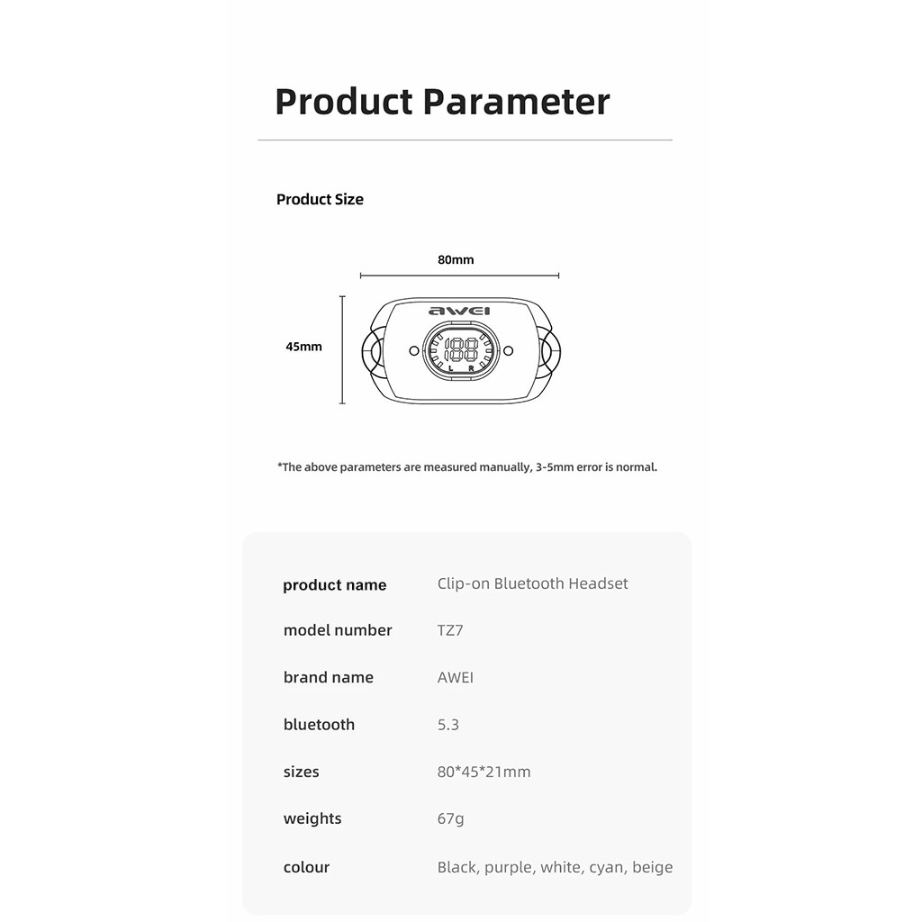 Awei TZ7 OWS Bluetooth Clip Earpone Smart Touch with Charging Case HiFi ...