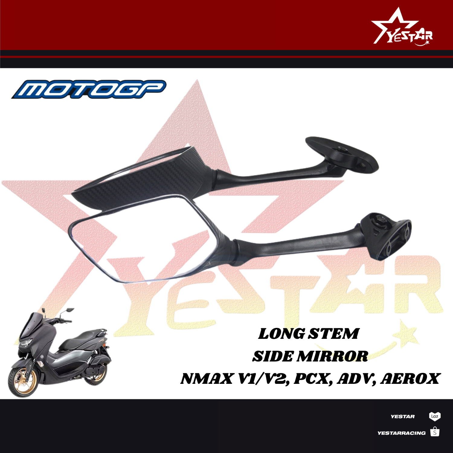Yestar Pair Long Stem Side Mirror Nmax 155,Honda ADV, PCX Black Carbon ...