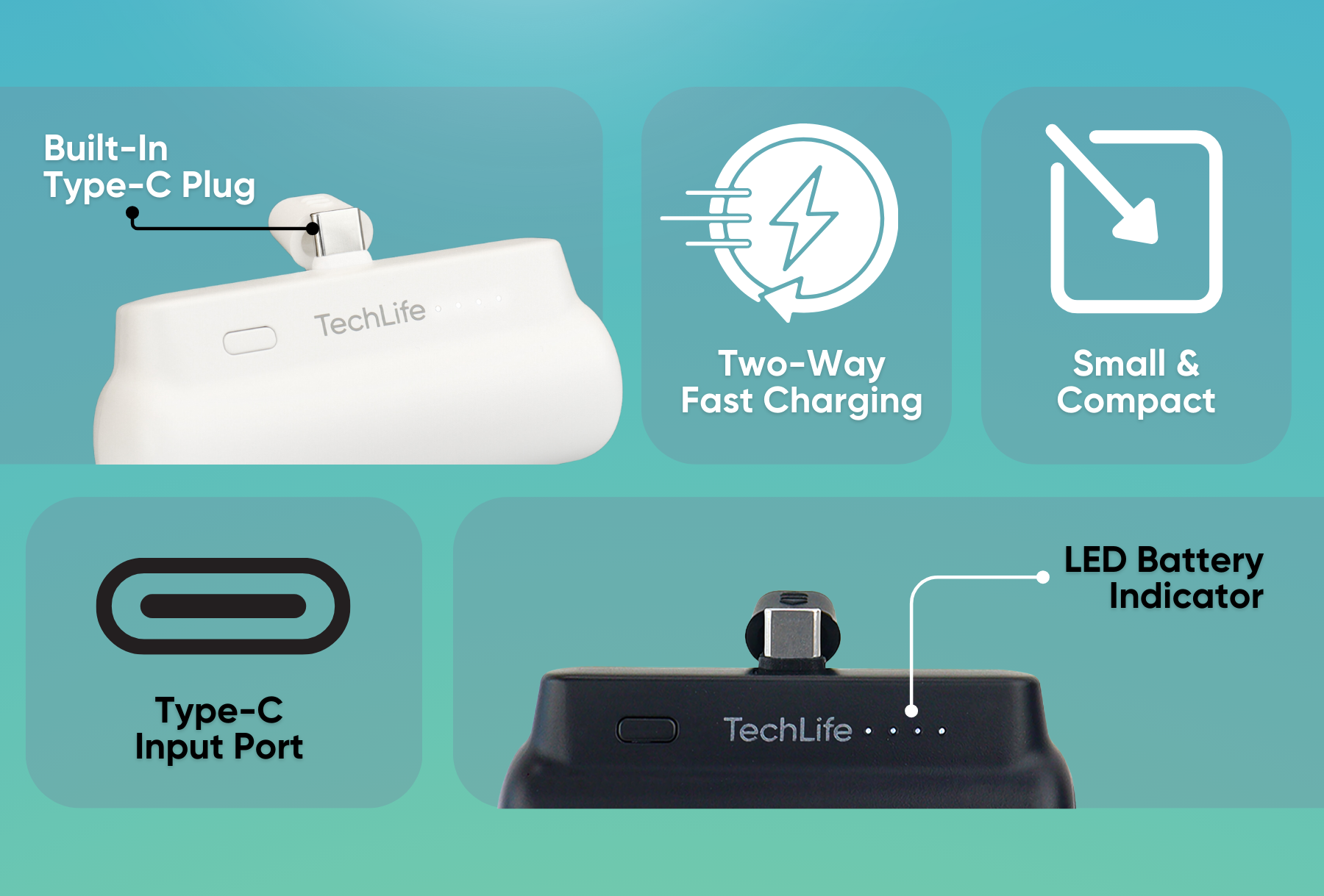 TechLife Power Bank 5000mAh | Built-In Type-C Plug | Two-Way 12W Fast ...