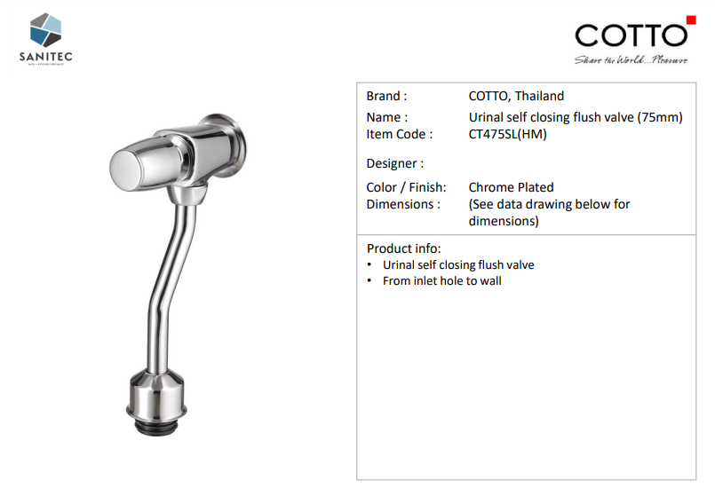 Cotto self closing urinal flush valve CT475SL(HM) | Shopee Philippines