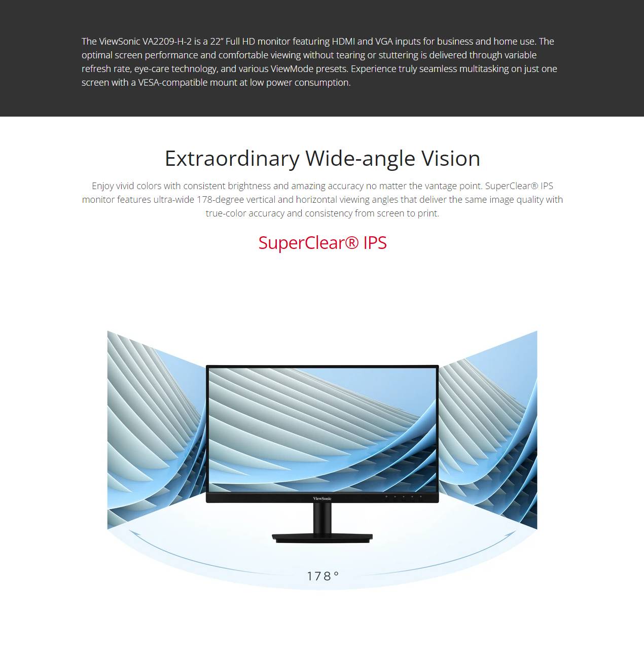 ViewSonic VA2209-H-2 22" FHD 1920 x 1080 100Hz IPS Technology 1ms Eye ...