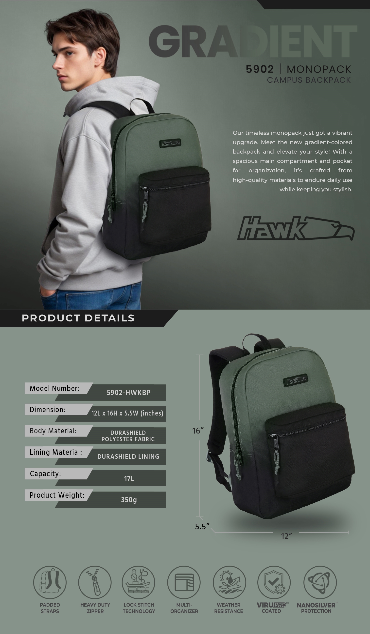 Hawk 5902 Backpack with VIRUPRO Anti-microbial Protection | Shopee ...