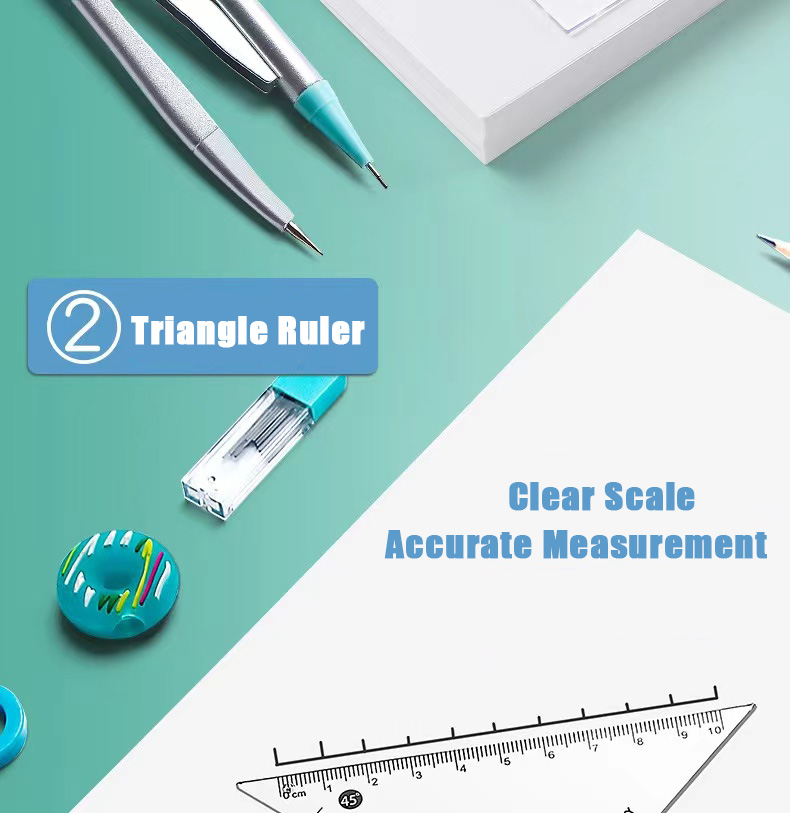 7PCs Compass Ruler Learning Stationery with Metal Box Triangle Ruler ...