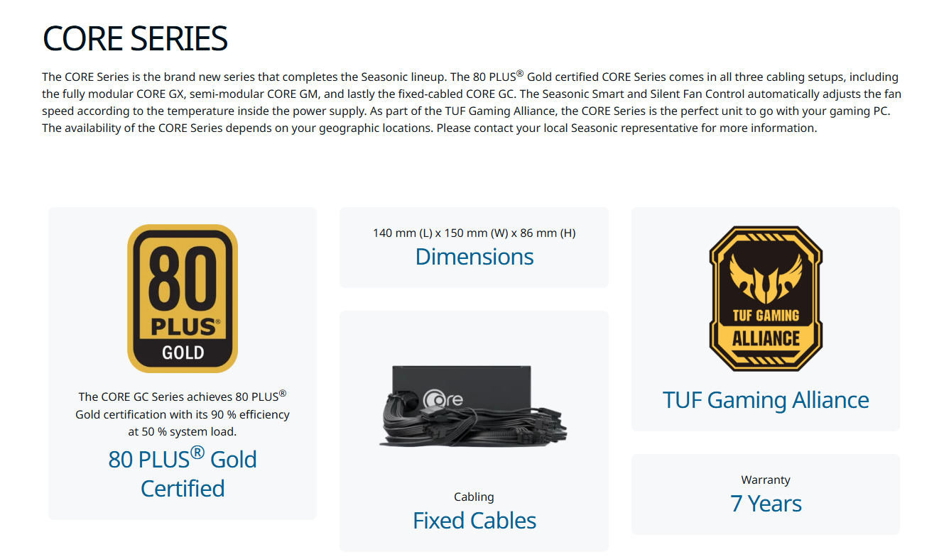 Seasonic PSU 650W Power Supply Unit Core GC-650 80+ Gold Fixed Cables ...