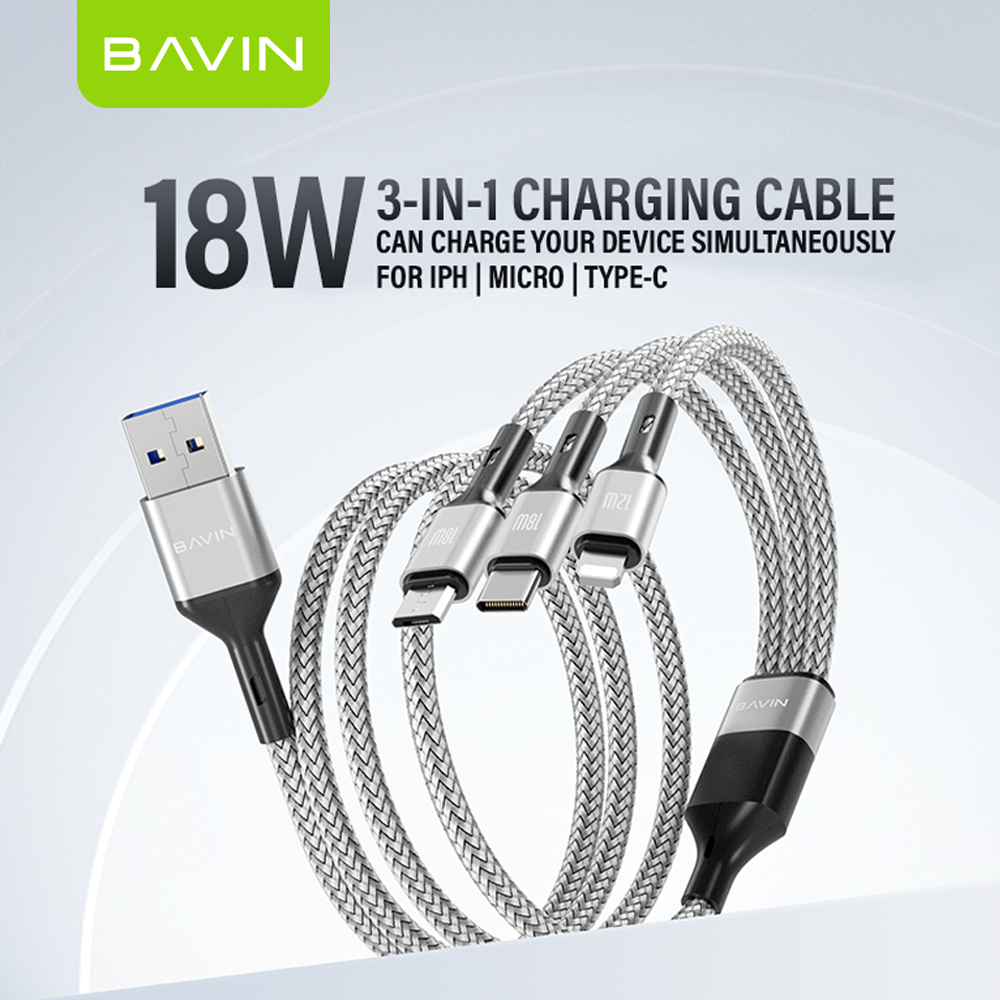 BAVIN CB365 3-in-1 Fast Charging Cable Nylon Braided 3A 480Mbps Data ...