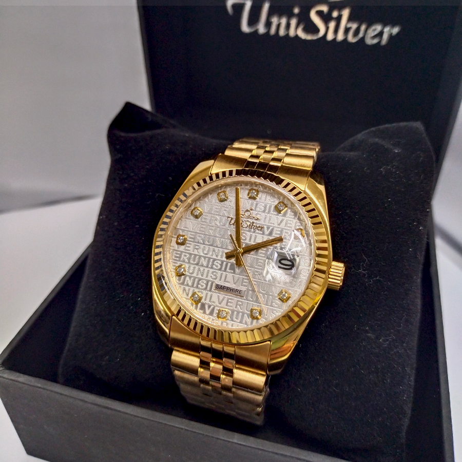 UniSilver TIME Men's Gold / Silver with Date Sapphire Glass Analog ...