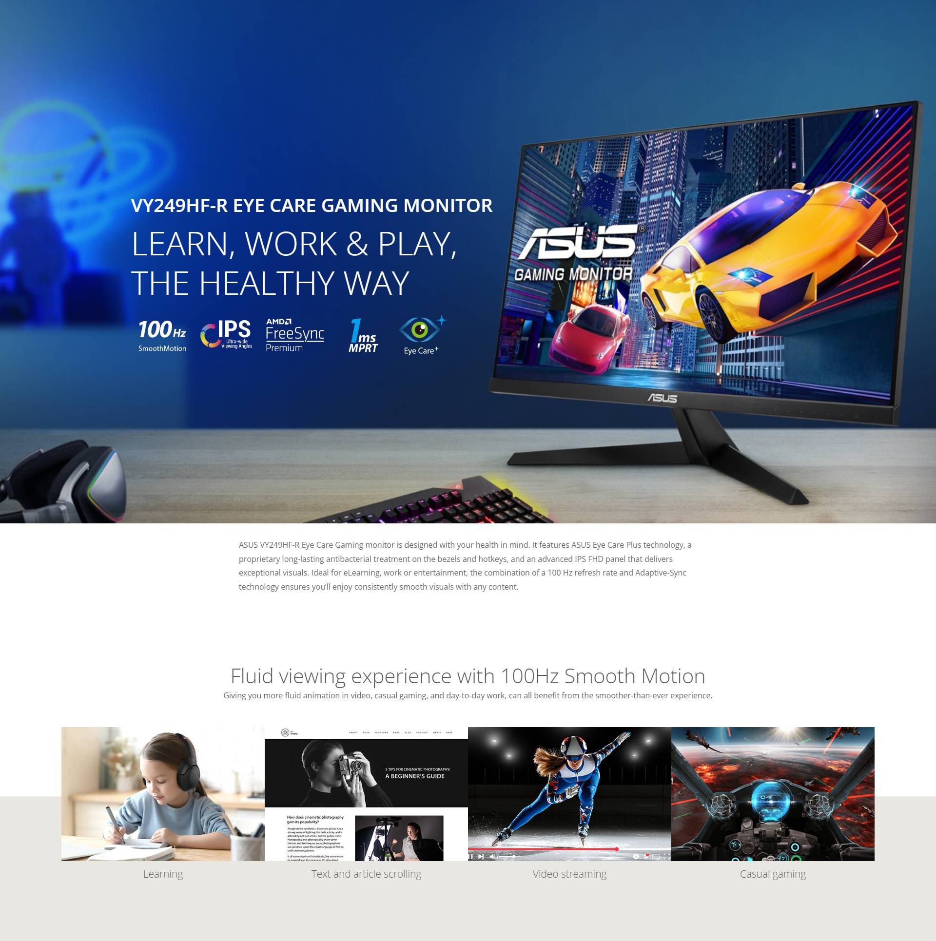 Asus VY249HF-R 24" FHD IPS Technology 1ms 100Hz Adaptive Sync Eye Care ...