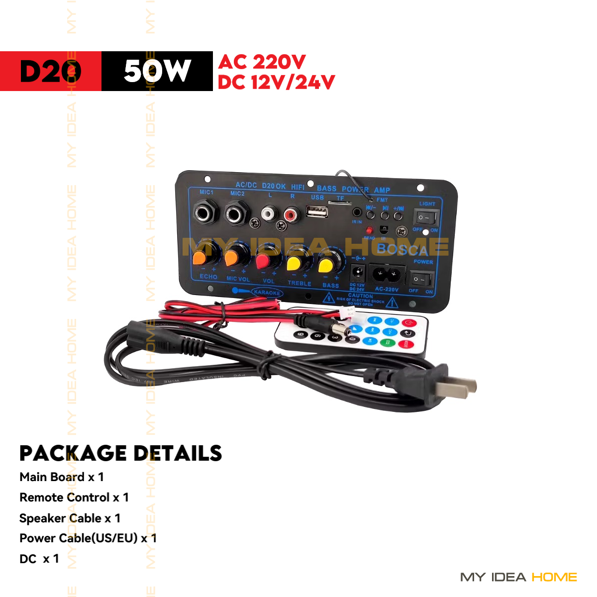 Bosca 50W HIFI Bass Power Amplifier Board AC220V DC12V/24V Dual Mic Car ...